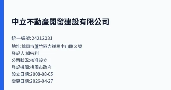 中立不動產開發建設有限公司的照片-統編 24212031(桃園市) 公司登記資料與營業項目詳細圖表
