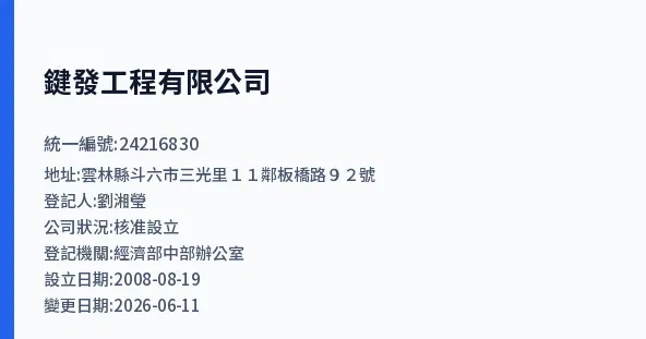 鍵發工程有限公司的照片-統編 24216830(雲林縣) 公司登記資料與營業項目詳細圖表