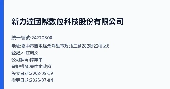 新力達國際數位科技股份有限公司的照片-統編 24220308(臺中市) 公司登記資料與營業項目詳細圖表