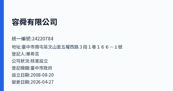 容舜有限公司的照片-統編 24220784(臺中市) 公司登記資料與營業項目詳細圖表