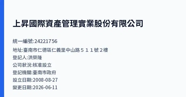 上昇國際資產管理實業股份有限公司的照片-統編 24221756(臺南市) 公司登記資料與營業項目詳細圖表