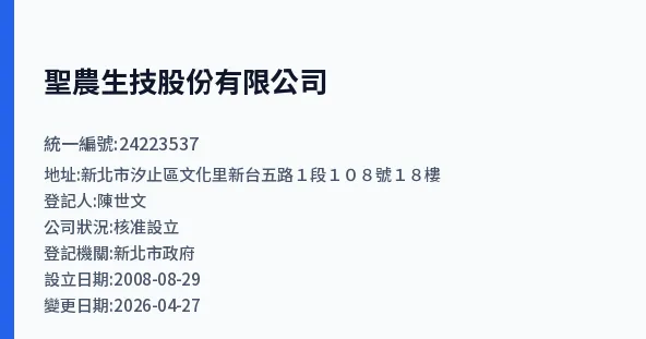 聖農生技股份有限公司的照片-統編 24223537(新北市) 公司登記資料與營業項目詳細圖表