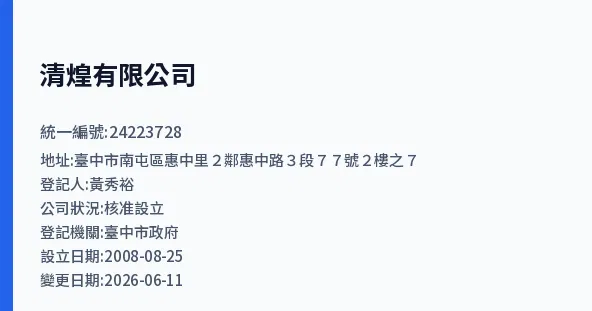 清煌有限公司的照片-統編 24223728(臺中市) 公司登記資料與營業項目詳細圖表
