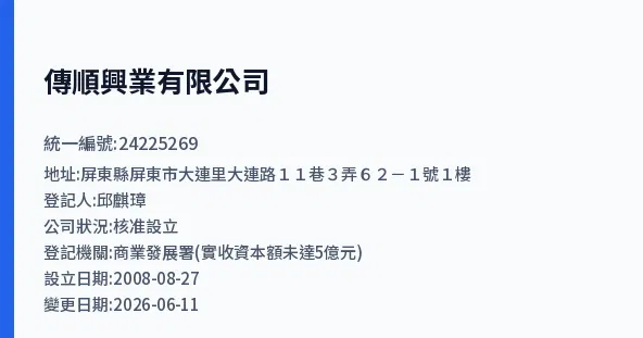 傳順興業有限公司的照片-統編 24225269(屏東縣) 公司登記資料與營業項目詳細圖表