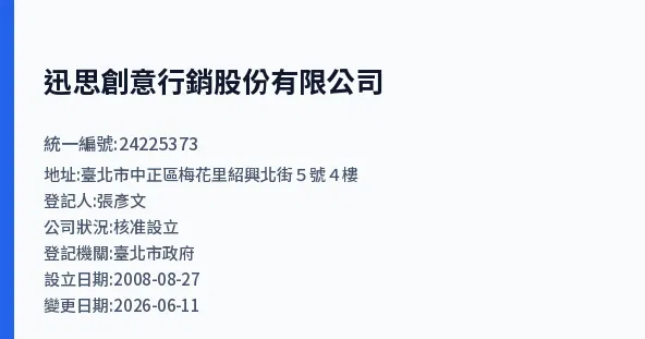 迅思創意行銷股份有限公司的照片-統編 24225373(臺北市) 公司登記資料與營業項目詳細圖表