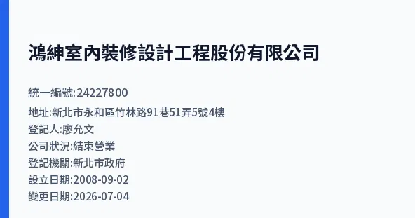 鴻紳室內裝修設計工程股份有限公司的照片-統編 24227800(新北市) 公司登記資料與營業項目詳細圖表