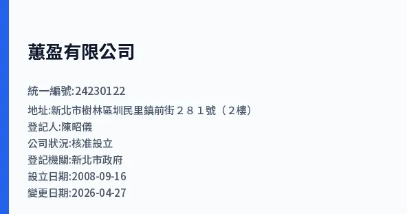 蕙盈有限公司的照片-統編 24230122(新北市) 公司登記資料與營業項目詳細圖表