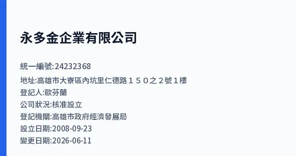 永多金企業有限公司的照片-統編 24232368(高雄市) 公司登記資料與營業項目詳細圖表