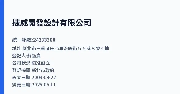 捷威開發設計有限公司的照片-統編 24233388(新北市) 公司登記資料與營業項目詳細圖表