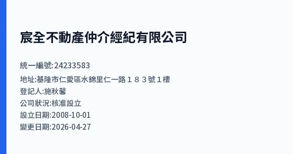 宸全不動產仲介經紀有限公司的照片-統編 24233583(基隆市) 公司登記資料與營業項目詳細圖表