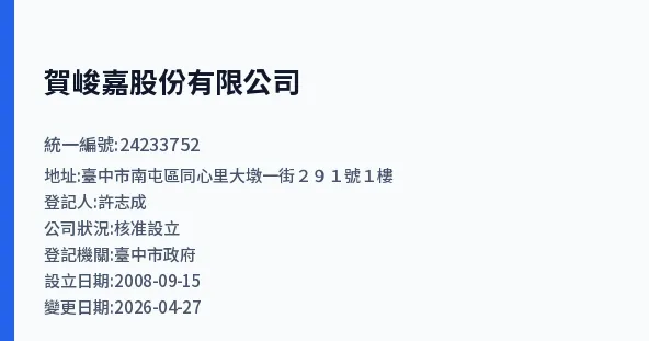 賀峻嘉股份有限公司的照片-統編 24233752(臺中市) 公司登記資料與營業項目詳細圖表