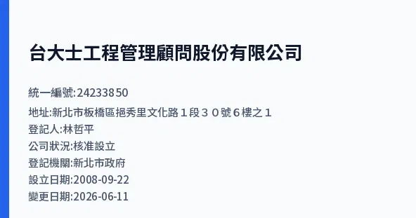 台大士工程管理顧問股份有限公司的照片-統編 24233850(新北市) 公司登記資料與營業項目詳細圖表