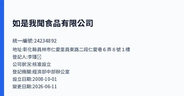 如是我聞食品有限公司的照片-統編 24234892(彰化縣) 公司登記資料與營業項目詳細圖表