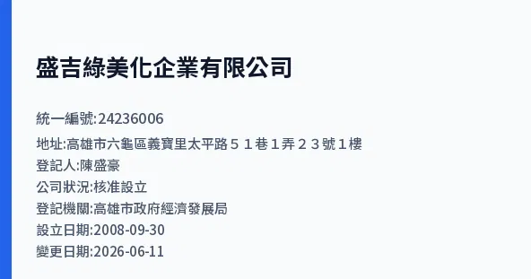盛吉綠美化企業有限公司的照片-統編 24236006(高雄市) 公司登記資料與營業項目詳細圖表