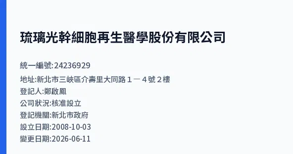 琉璃光幹細胞再生醫學股份有限公司的照片-統編 24236929(新北市) 公司登記資料與營業項目詳細圖表