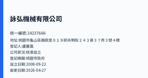 詠弘機械有限公司的照片-統編 24237666(桃園市) 公司登記資料與營業項目詳細圖表