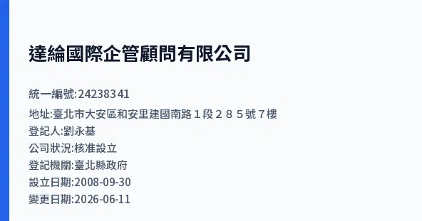 達綸國際企管顧問有限公司的照片-統編 24238341(臺北市) 公司登記資料與營業項目詳細圖表
