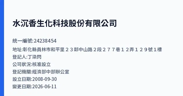 水沉香生化科技股份有限公司的照片-統編 24238454(彰化縣) 公司登記資料與營業項目詳細圖表