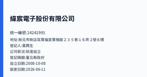 緯宸電子股份有限公司的照片-統編 24241991(新北市) 公司登記資料與營業項目詳細圖表