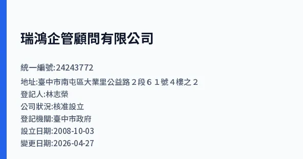 瑞鴻企管顧問有限公司的照片-統編 24243772(臺中市) 公司登記資料與營業項目詳細圖表