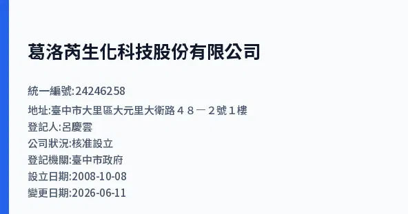 葛洛芮生化科技股份有限公司的照片-統編 24246258(臺中市) 公司登記資料與營業項目詳細圖表