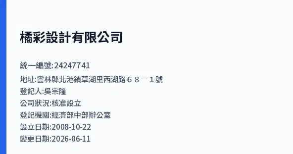 橘彩設計有限公司的照片-統編 24247741(雲林縣) 公司登記資料與營業項目詳細圖表