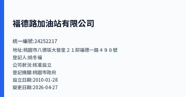 福德路加油站有限公司的照片-統編 24252217(桃園市) 公司登記資料與營業項目詳細圖表