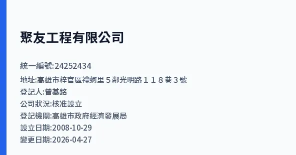 聚友工程有限公司的照片-統編 24252434(高雄市) 公司登記資料與營業項目詳細圖表