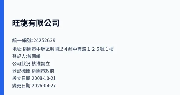 旺龍有限公司的照片-統編 24252639(桃園市) 公司登記資料與營業項目詳細圖表
