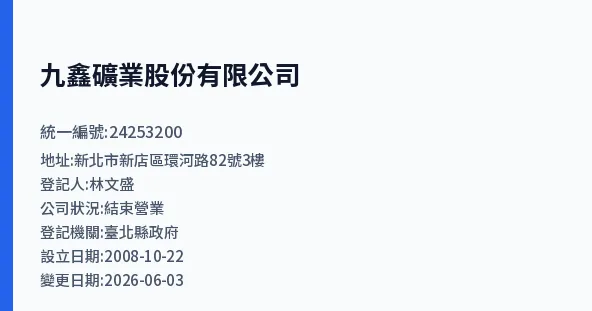 九鑫礦業股份有限公司的照片-統編 24253200(新北市) 公司登記資料與營業項目詳細圖表
