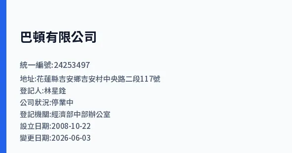 巴頓有限公司的照片-統編 24253497(花蓮縣) 公司登記資料與營業項目詳細圖表