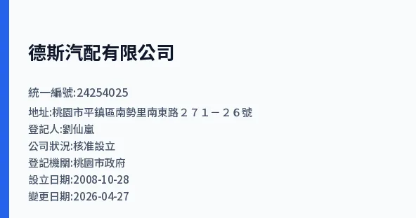 德斯汽配有限公司的照片-統編 24254025(桃園市) 公司登記資料與營業項目詳細圖表