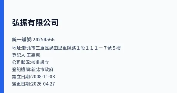 弘振有限公司的照片-統編 24254566(新北市) 公司登記資料與營業項目詳細圖表