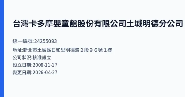 台灣卡多摩嬰童館股份有限公司土城明德分公司的照片-統編 24255093(新北市) 公司登記資料與營業項目詳細圖表