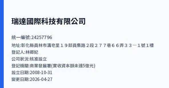 瑞達國際科技有限公司的照片-統編 24257796(彰化縣) 公司登記資料與營業項目詳細圖表