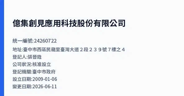 億集創見應用科技股份有限公司的照片-統編 24260722(臺中市) 公司登記資料與營業項目詳細圖表