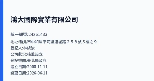 鴻大國際實業有限公司的照片-統編 24261433(新北市) 公司登記資料與營業項目詳細圖表