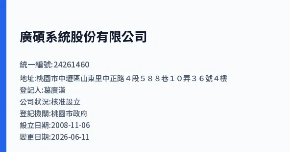 廣碩系統股份有限公司的照片-統編 24261460(桃園市) 公司登記資料與營業項目詳細圖表