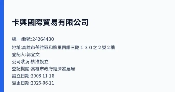 卡興國際貿易有限公司的照片-統編 24264430(高雄市) 公司登記資料與營業項目詳細圖表