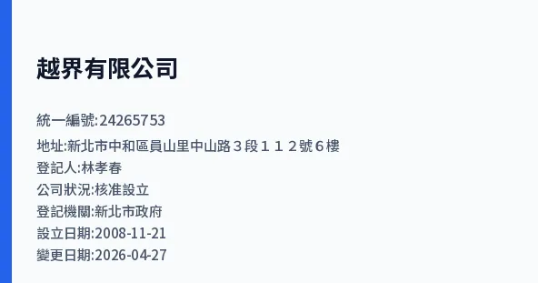 越界有限公司的照片-統編 24265753(新北市) 公司登記資料與營業項目詳細圖表