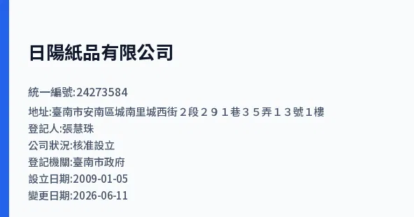 日陽紙品有限公司的照片-統編 24273584(臺南市) 公司登記資料與營業項目詳細圖表