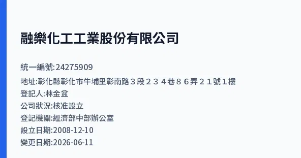 融樂化工工業股份有限公司的照片-統編 24275909(彰化縣) 公司登記資料與營業項目詳細圖表