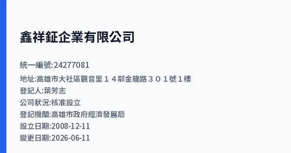 鑫祥鉦企業有限公司的照片-統編 24277081(高雄市) 公司登記資料與營業項目詳細圖表