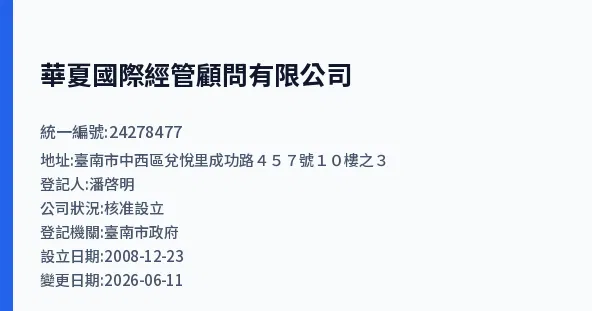 華夏國際經管顧問有限公司的照片-統編 24278477(臺南市) 公司登記資料與營業項目詳細圖表