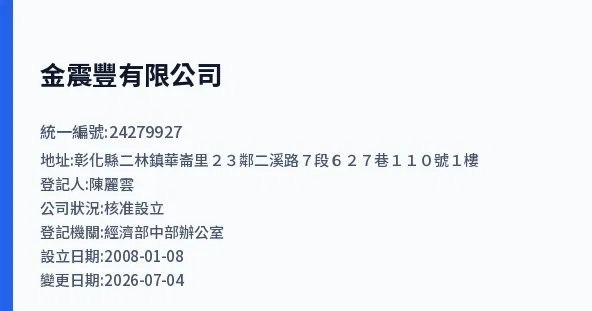 金震豐有限公司的照片-統編 24279927(彰化縣) 公司登記資料與營業項目詳細圖表