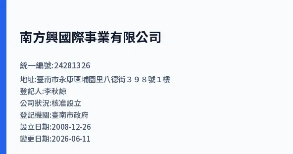 南方興國際事業有限公司的照片-統編 24281326(臺南市) 公司登記資料與營業項目詳細圖表