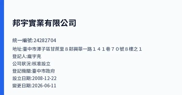 邦宇實業有限公司的照片-統編 24282704(臺中市) 公司登記資料與營業項目詳細圖表