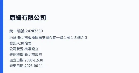 康綺有限公司的照片-統編 24287530(新北市) 公司登記資料與營業項目詳細圖表