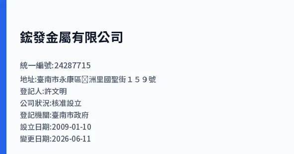鋐發金屬有限公司的照片-統編 24287715(臺南市) 公司登記資料與營業項目詳細圖表