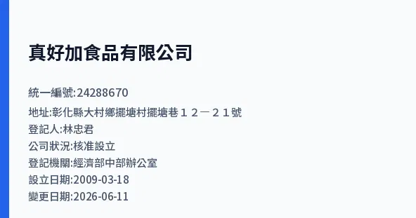 真好加食品有限公司的照片-統編 24288670(彰化縣) 公司登記資料與營業項目詳細圖表